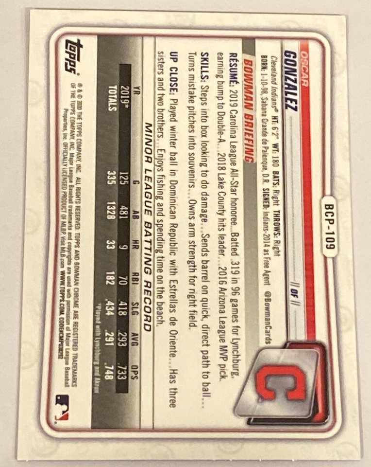2020 Bowman Chrome Oscar Gonzalez Blue Shimmer Refractor /150 Guardians ...