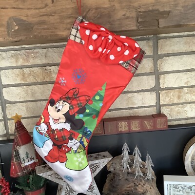 Disney Red Satin Minnie Mouse Christmas Stocking With Plaid Cuff And ...