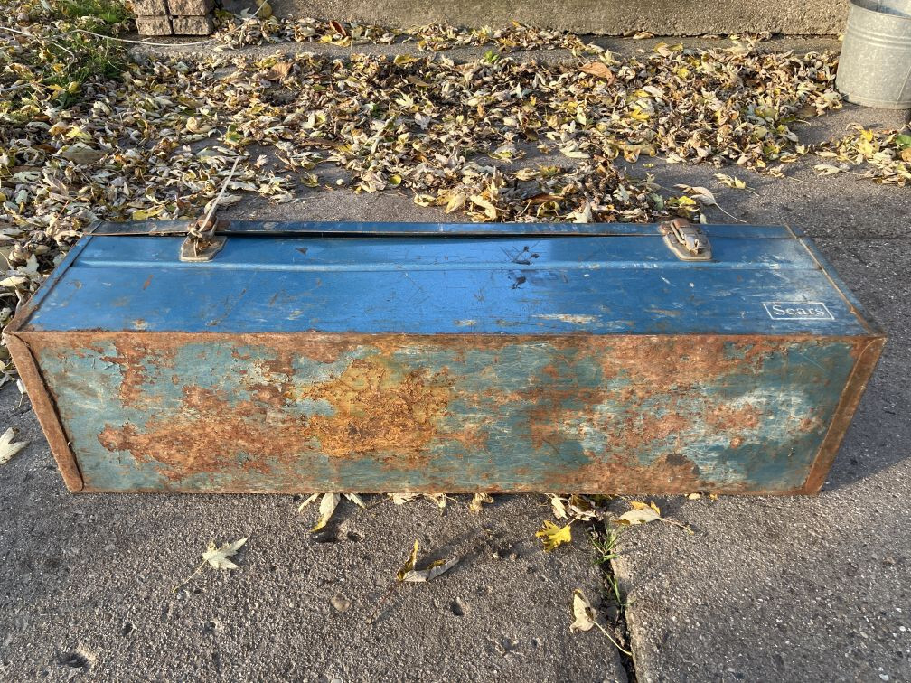 Vintage Metal Tool Box Rusty Distressed 32-in Sears Blue Steel Storage ...