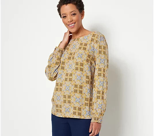 Denim & Co. Abstract Printed Wide Neck Blouse Cuff-Sunset Gold-Medium ...