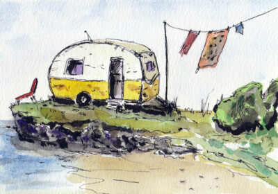 THE CARAVAN * WATERCOLOUR & INK * LARGE A3 SiZE QUALITY CANVAS PRINT ...