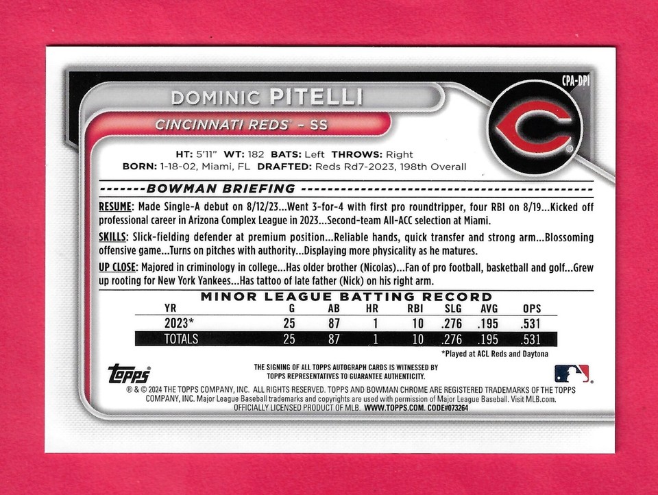 DOMINIC PITELLI 2024 Topps 1st Bowman Chrome Prospect AUTO CPA-DPI Reds ...
