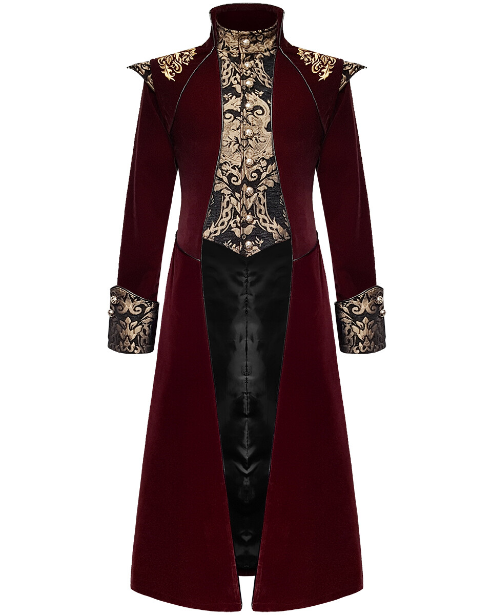 Devil Fashion Mens Long Gothic Coat Jacket Red Velvet Black Gold Damask ...