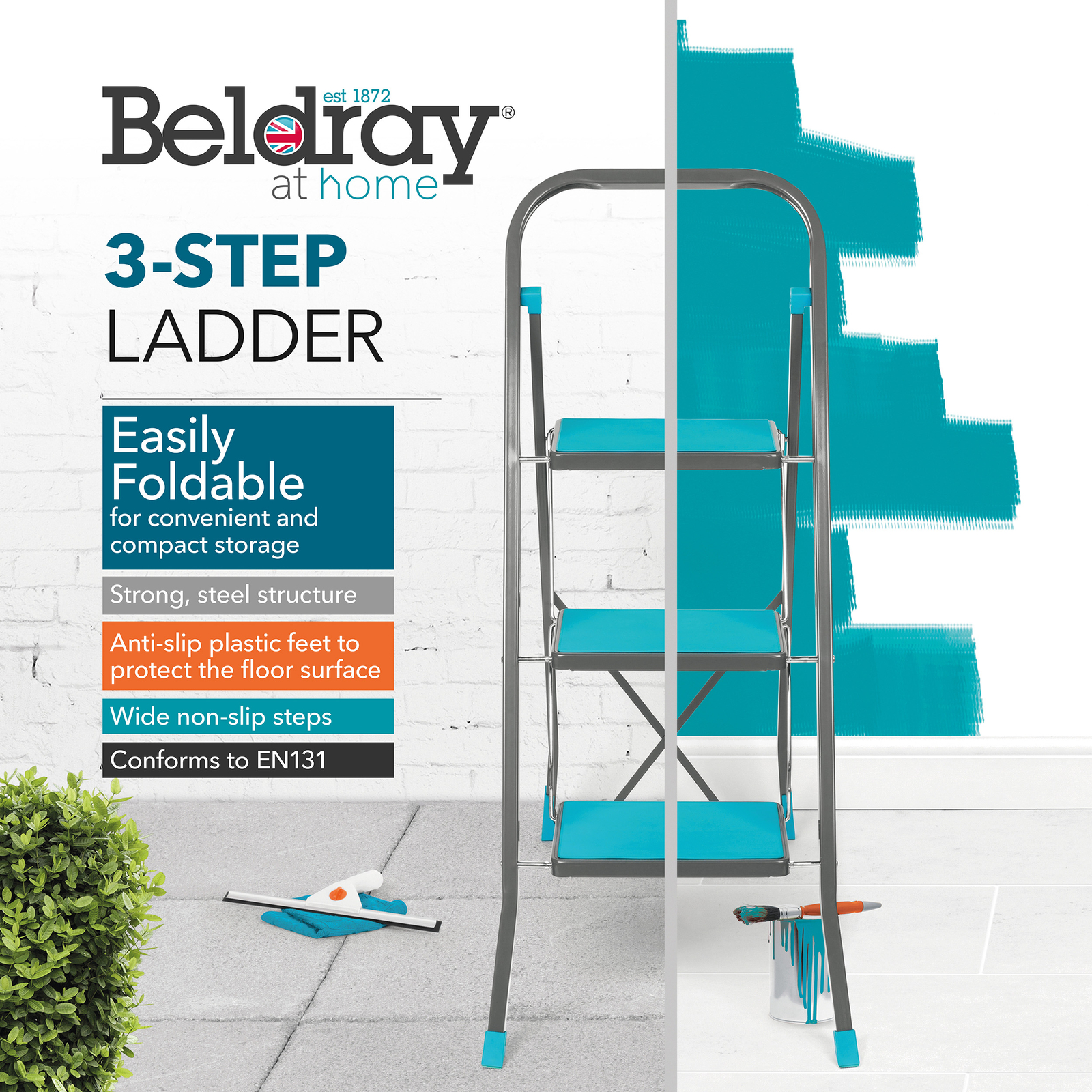 Beldray 3 Step Ladder Fold Away Design DIY Cleaning Painting Compact ...