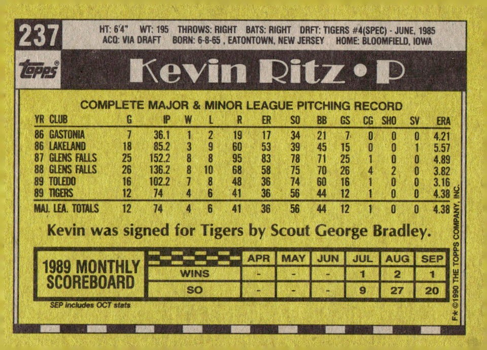 1990 Topps #237 Kevin Ritz - Detroit Tigers | eBay