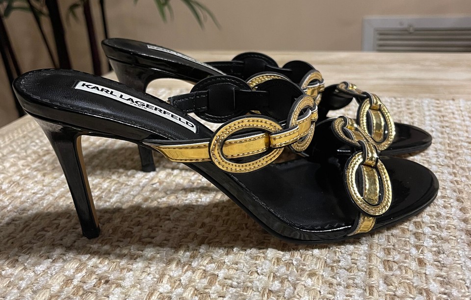 KARL LAGERFELD WOMEN'S SANDALS. SIZE: 8.5M BLACK&GOLD. HIGH HEELS ...