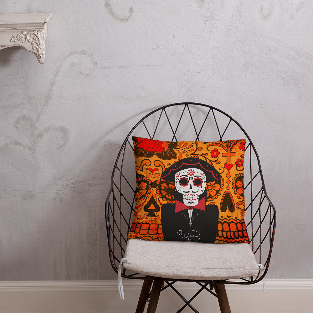Square pillow, Mexican day of the dead skull, Orange sofa cushion ...