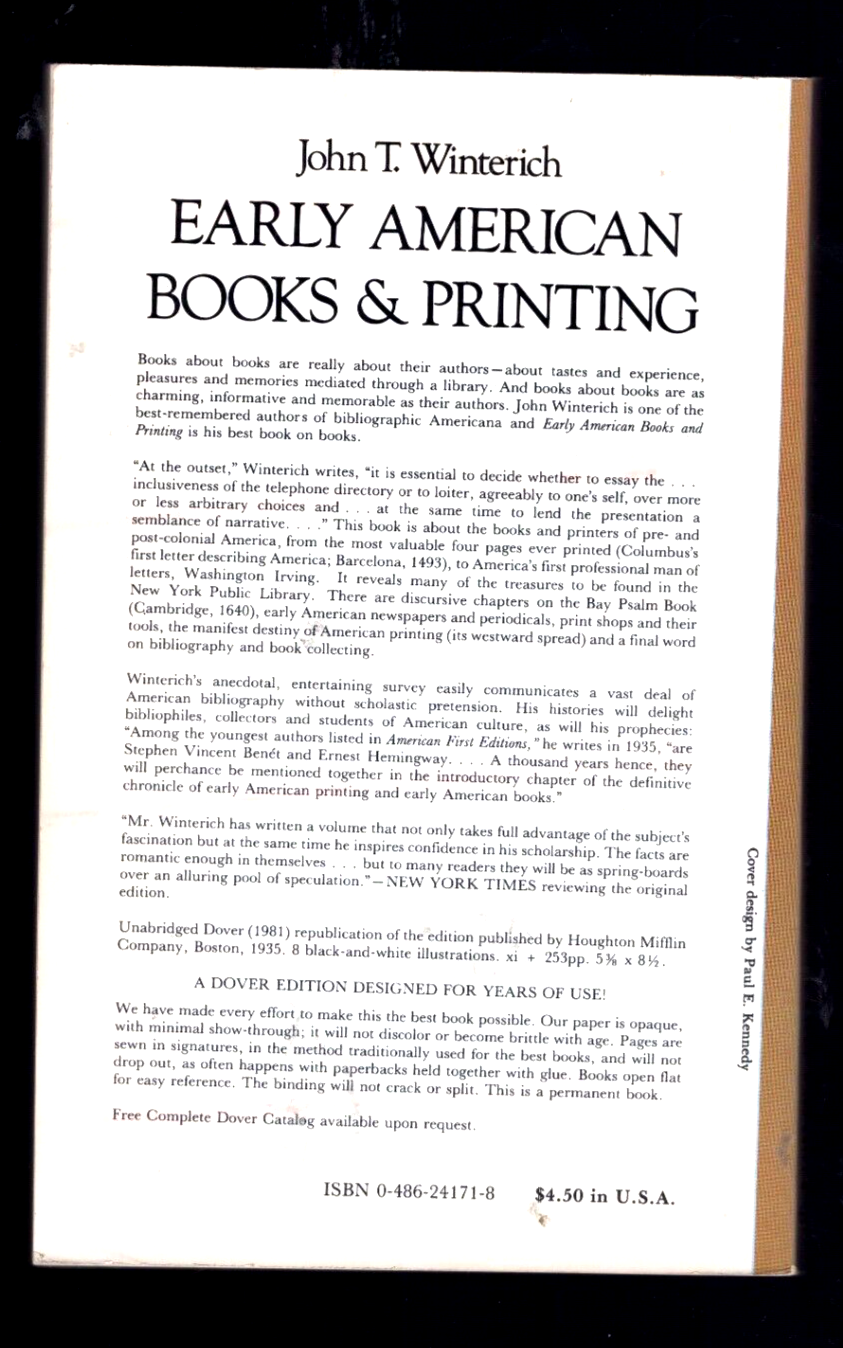 John T Winterich EARLY AMERICAN BOOKS & PRINTING 1981 Unread NF ...