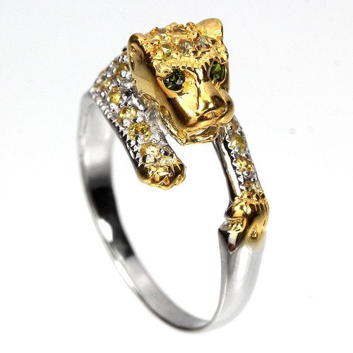 925 Sterling Silver Heated Sapphire Round Diamond Cut Gems Tiger Ring ...