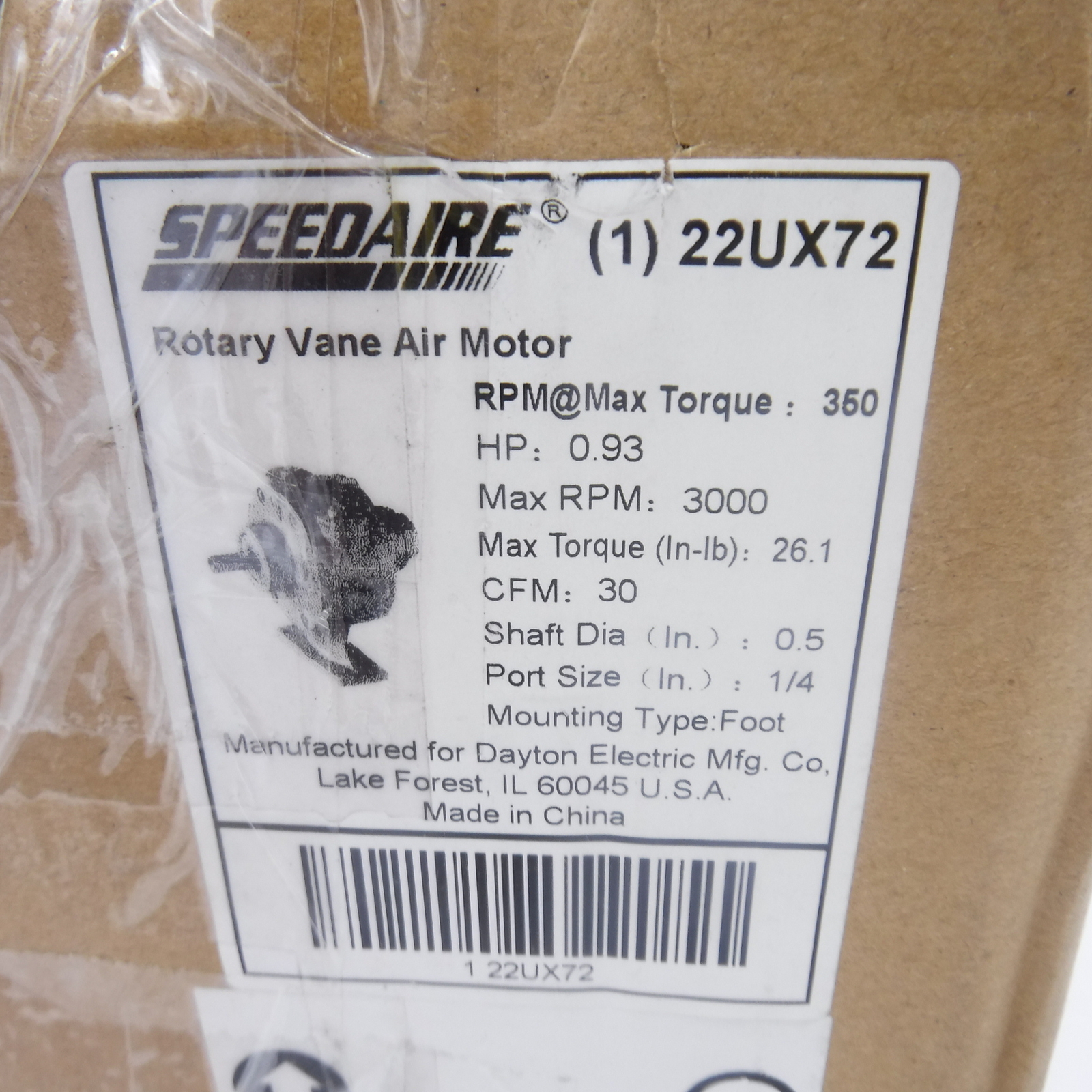 Speedaire 22UX72 Rotary Vane Air Motor,0.93 HP,30 CFM,3000 RPM, 1/2 ...