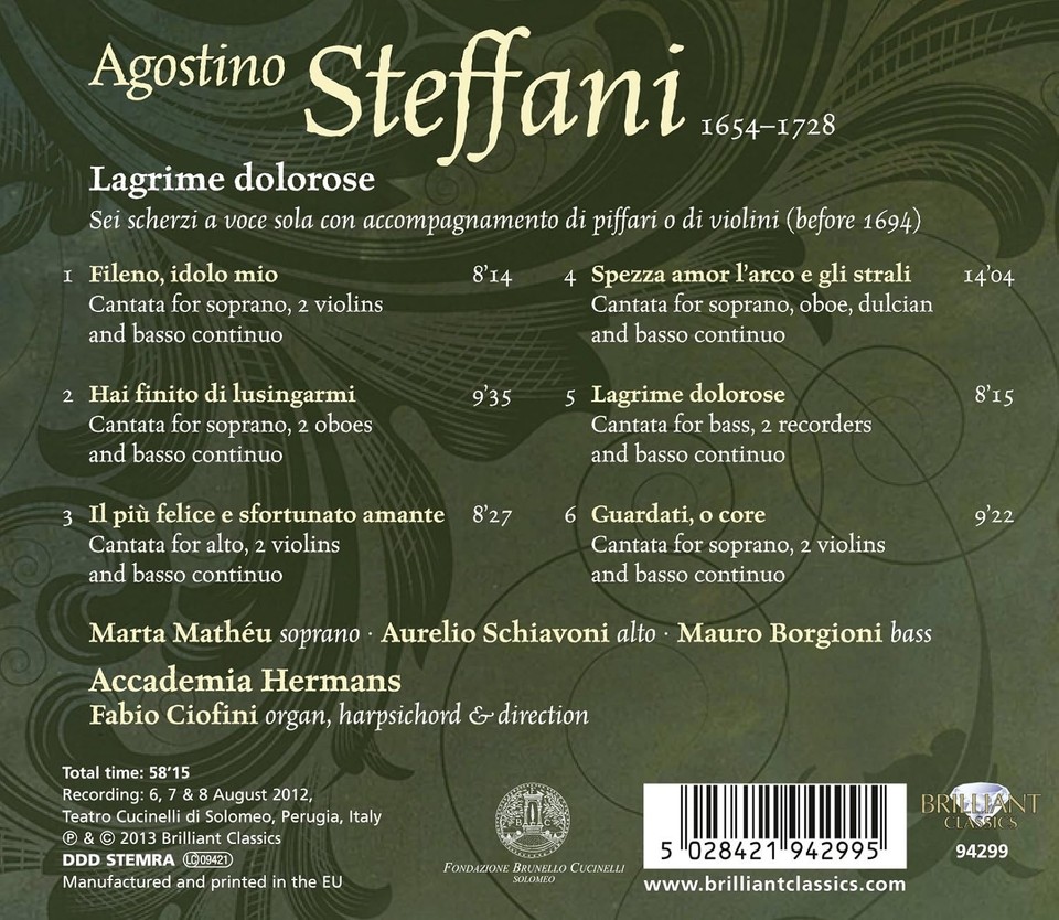 STEFFANI Lagrime Dolorose - Secular Cantatas / Academia Hermans CD NEW ...