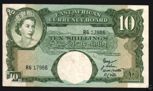 EAST AFRICA 10 SHILLINGS P38 1958 QUEEN SERIAL NO.+ PFX. RARE ZANZIBAR ...