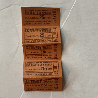 Strip of 5 Rare BSA Jamboree Cash Tickets 1989 Jamboree Ft. A. P. Hill ...
