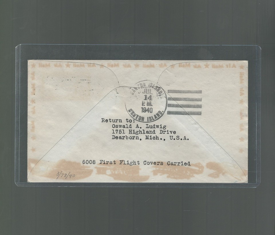 US First Flight Cover Pan Am Honolulu Hawaii to Canton 1940 Plane ...
