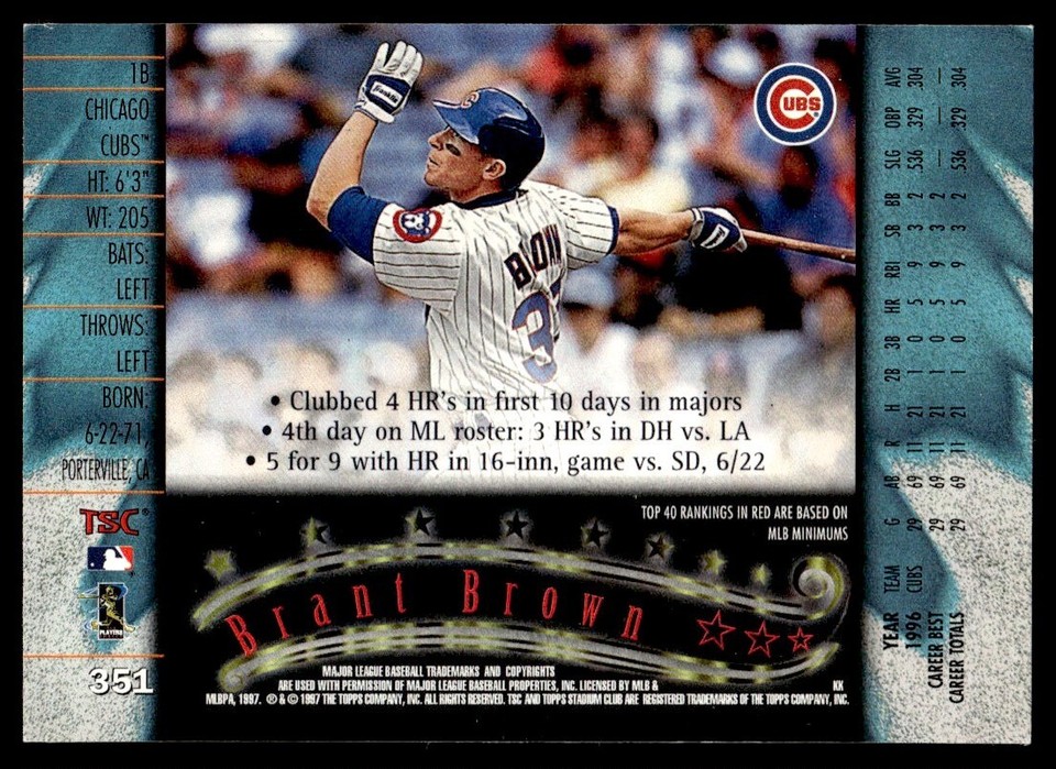 1997 Topps Stadium Club Baseball Card Brant Brown Chicago Cubs #351 ...