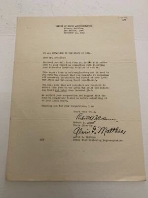 WWII 1942 Office Of Price Administration Iowa Retailers Ration Letter ...