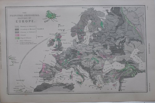 1877 PRINT EUROPE MAP PRINCIPAL GEOLOGICAL FEATRES GRANITE VOLCANIC ...