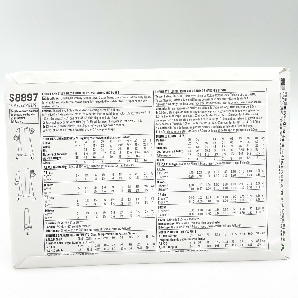 Simplicity 8897 Straight Dress Cold Shoulders and Purse Girls Size 7 14 ...