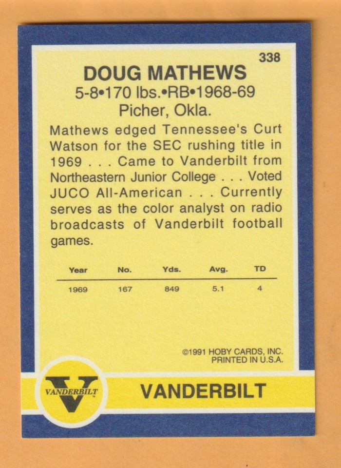 Doug Mathews Vanderbilt Commodores AUTO Signed 1991 SEC Picher Oklahoma ...