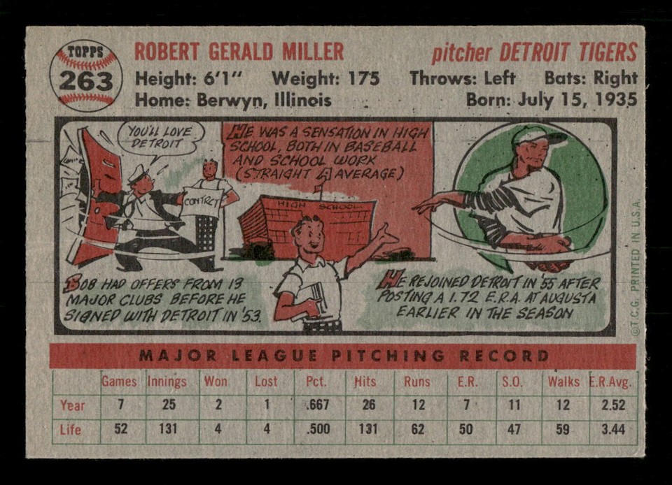 1956 Topps #263 Bob Miller Detroit Tigers EX EB62524 | eBay