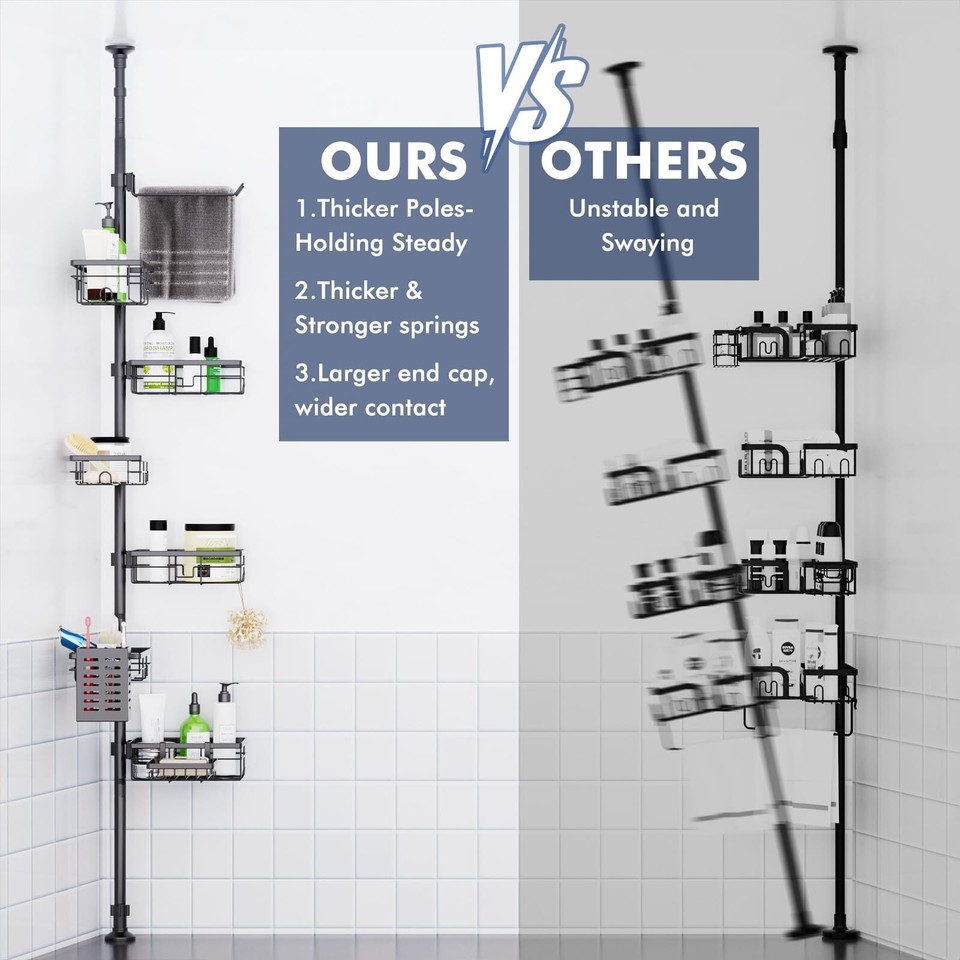 Corner Shower Caddy Tension Pole 6-Tier Rustproof Bathroom Organizer ...