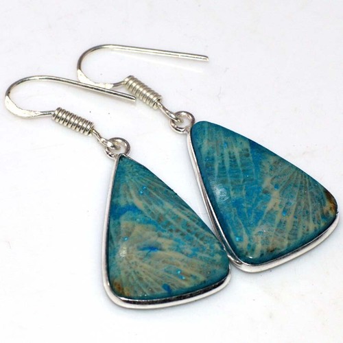 Blue Fossil Coral 925 Silver Plated Gemstone Earrings 1.7" Modern Gifts ...