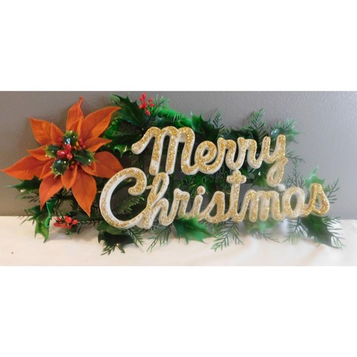 "Merry Christmas" Sign Plastic Gold Glitter Flocked Poinsettia Vintage ...