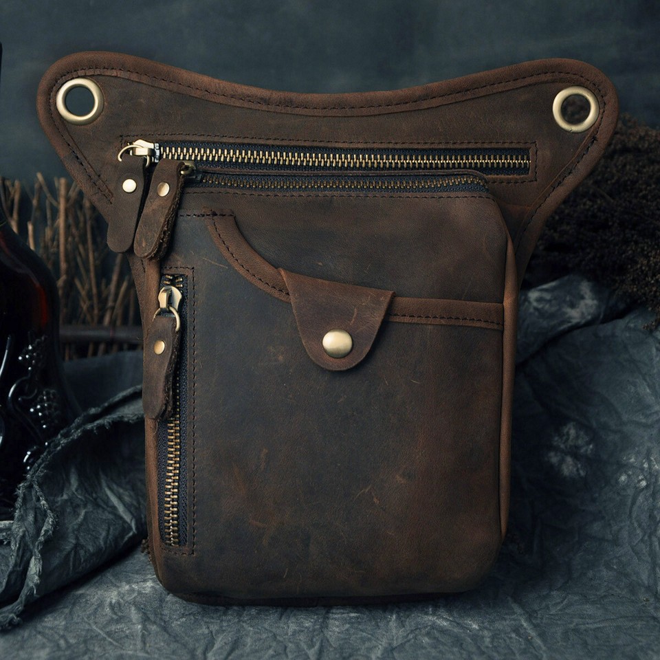 Mens Genuine Leather Motorcycle Waist Pack Messenger Shoulder Drop Leg ...