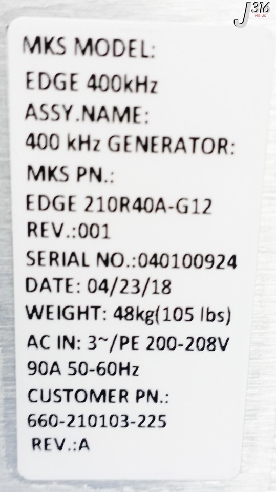32375 MKS RF GENERATOR, 400KHZ GENERATOR, EDGE 210R40A-G12 (WORKING ...