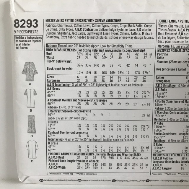 Simplicity 8293 Size 14-22 Dress Sheath Pattern 4 Styles for sale ...