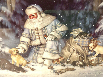 Montage SANTA IN FORREST PLAYING WITH PUPPIES & KITTENS CHRISTMAS CARDS ...
