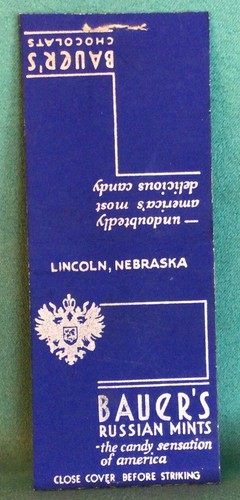 Matchbook Cover Bauer’s Chocolats Russian Mints Lincoln Nebraska C113 ...