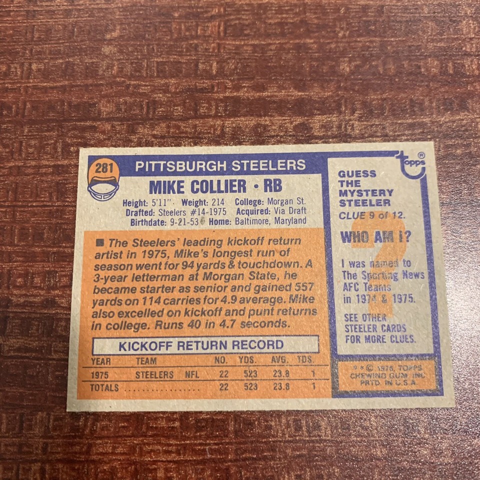 1976 Topps Mike Collier # 281 Pittsburgh Steelers Football Card NFL | eBay