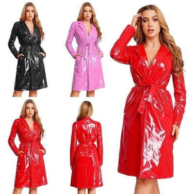 Women Wet Look Halloween Long Trench Bar Coats Motorcycle Overcoat Pvc ...