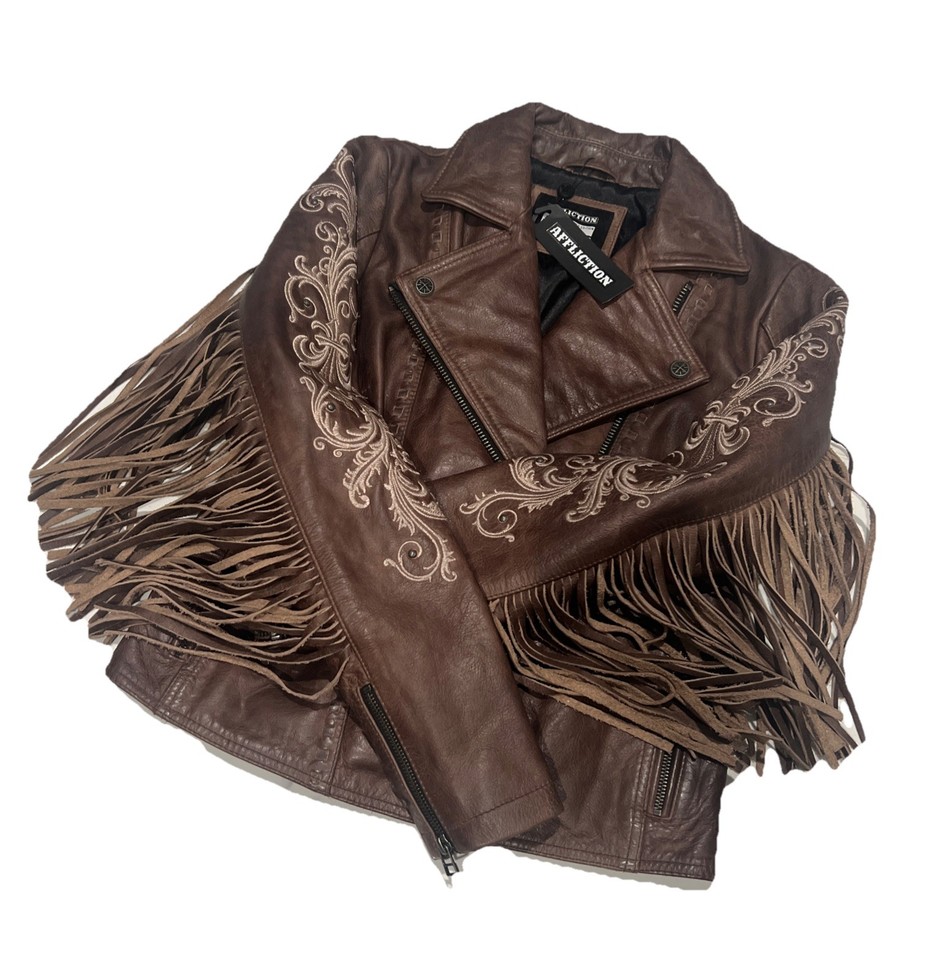 Women's Affliction Brown Soft Leather Jacket Fringe Biker Size SMALL ...