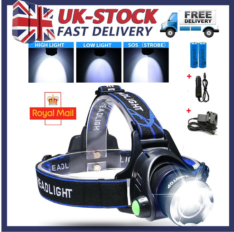 T6 Headlamp Rechargeable 350000LM LED Zoom Headlight Head Torch USB ...