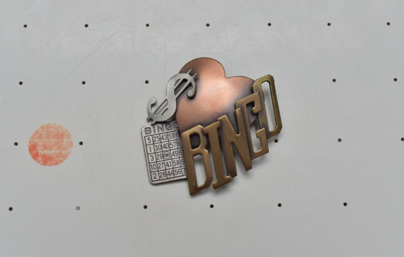 Large Bingo Brooch Gold Heart Dollar Sign Bingo Card - Gem
