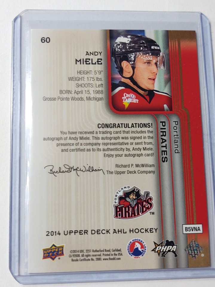 2014 UPPER DECK AHL HOCKEY ANDY MIELE RC ROOKIE AUTO AUTOGRAPH | eBay