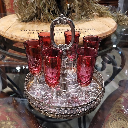 Vintage Federal Etched Cranberry Cordial Glass Set Leonard Silver Plate ...