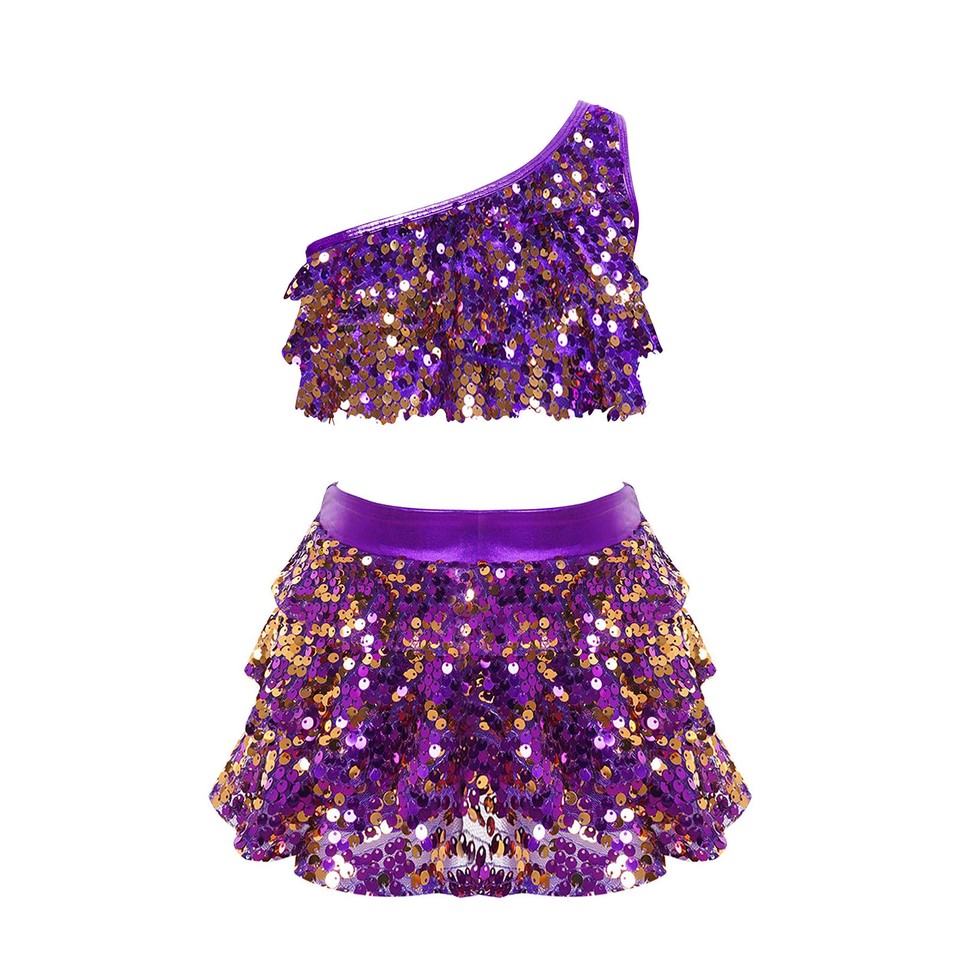 Kids Girls 2 Piece Dance Outfits Sets Sequins One Shoulder Crop Top ...