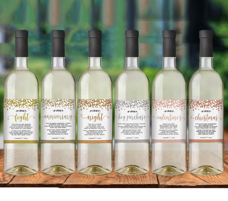 Marriage Milestones Greenery Wedding Firsts 6 Wine Bottle Labels ...