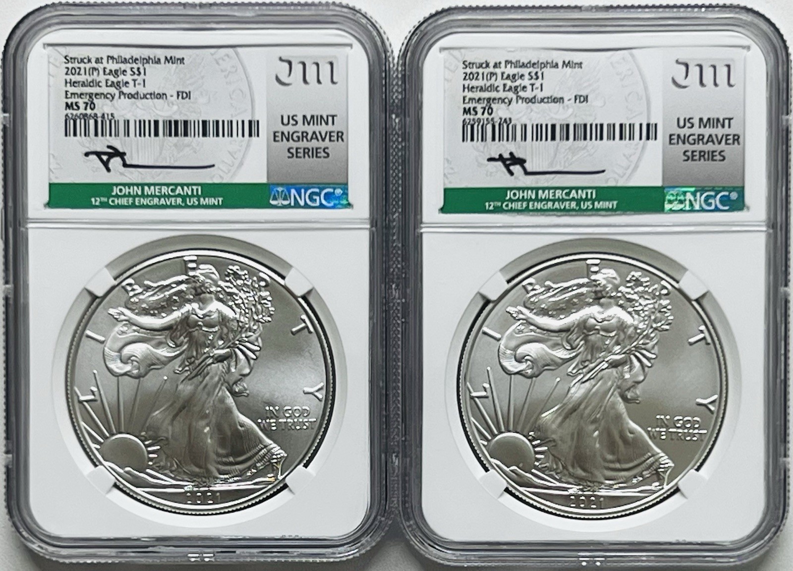 2021 $1 (P) SILVER EAGLE TYPE-1 2-COIN BUNDLE NGC MS70 FIRST DAY ISSUE ...