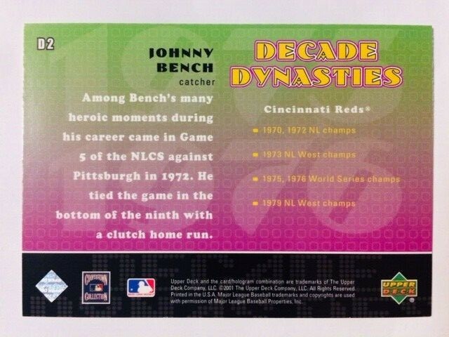 2001 Upper Deck UD Decade 1970's Johnny Bench Decade Dynasties Insert ...