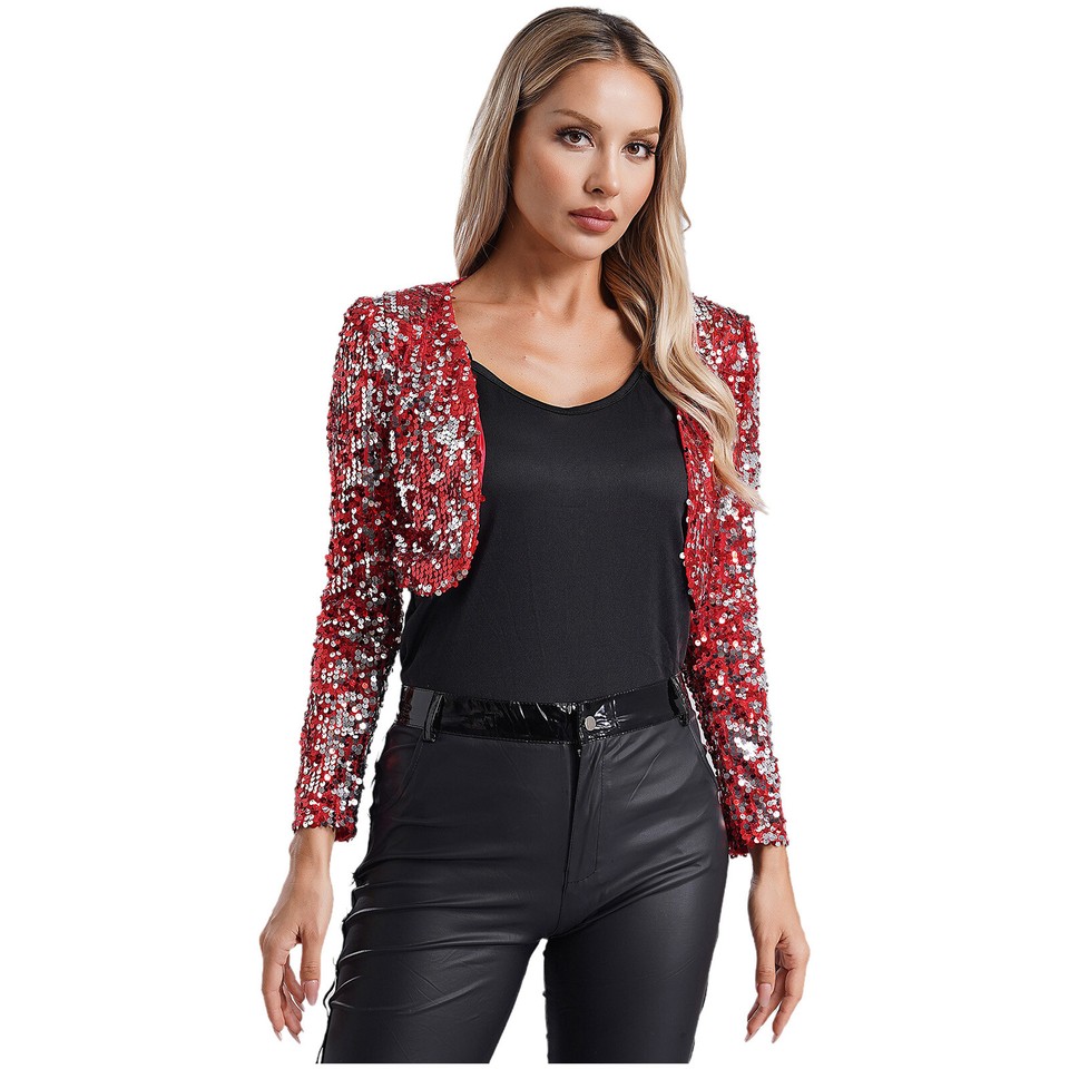 Womens Open Front Sequin Cropped Blazer Shrug Bolero Cardigan Glitter ...