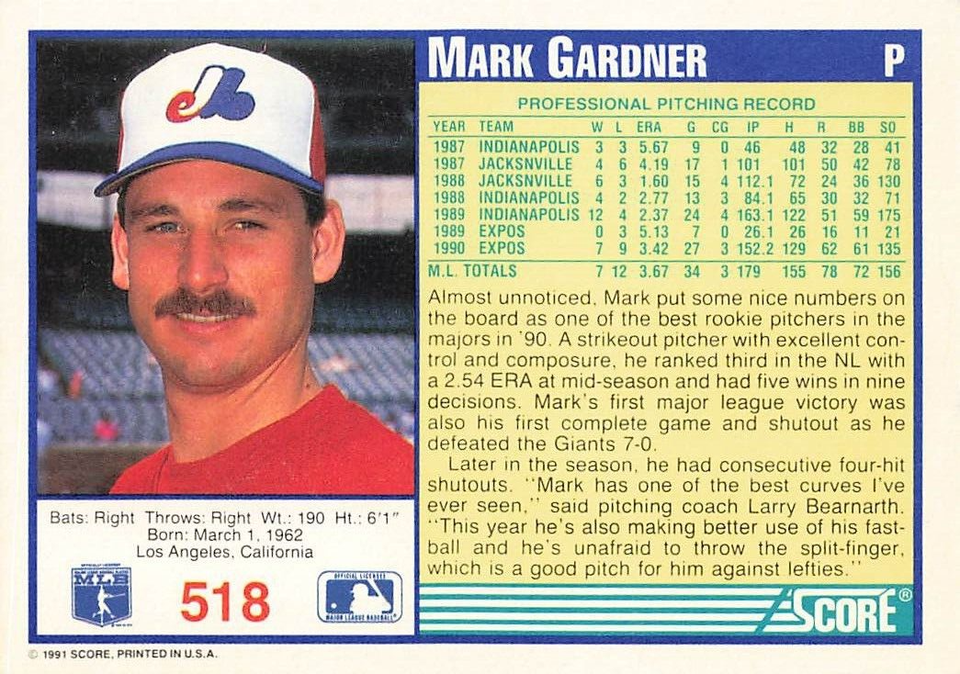 1991 Score #518 Mark Gardner Montreal Expos | eBay