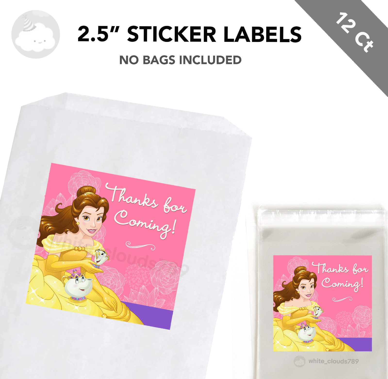 12 Beauty and the Beast Bella 2.5" Sticker Labels for Bag Treat Box ...
