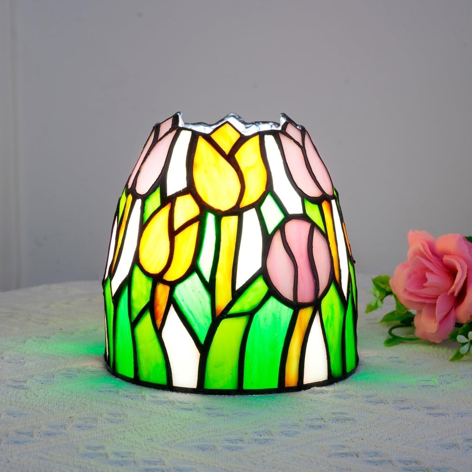 Tiffany Lamp Pink Yellow Tulips Small Stained Glass Table Light Retro ...