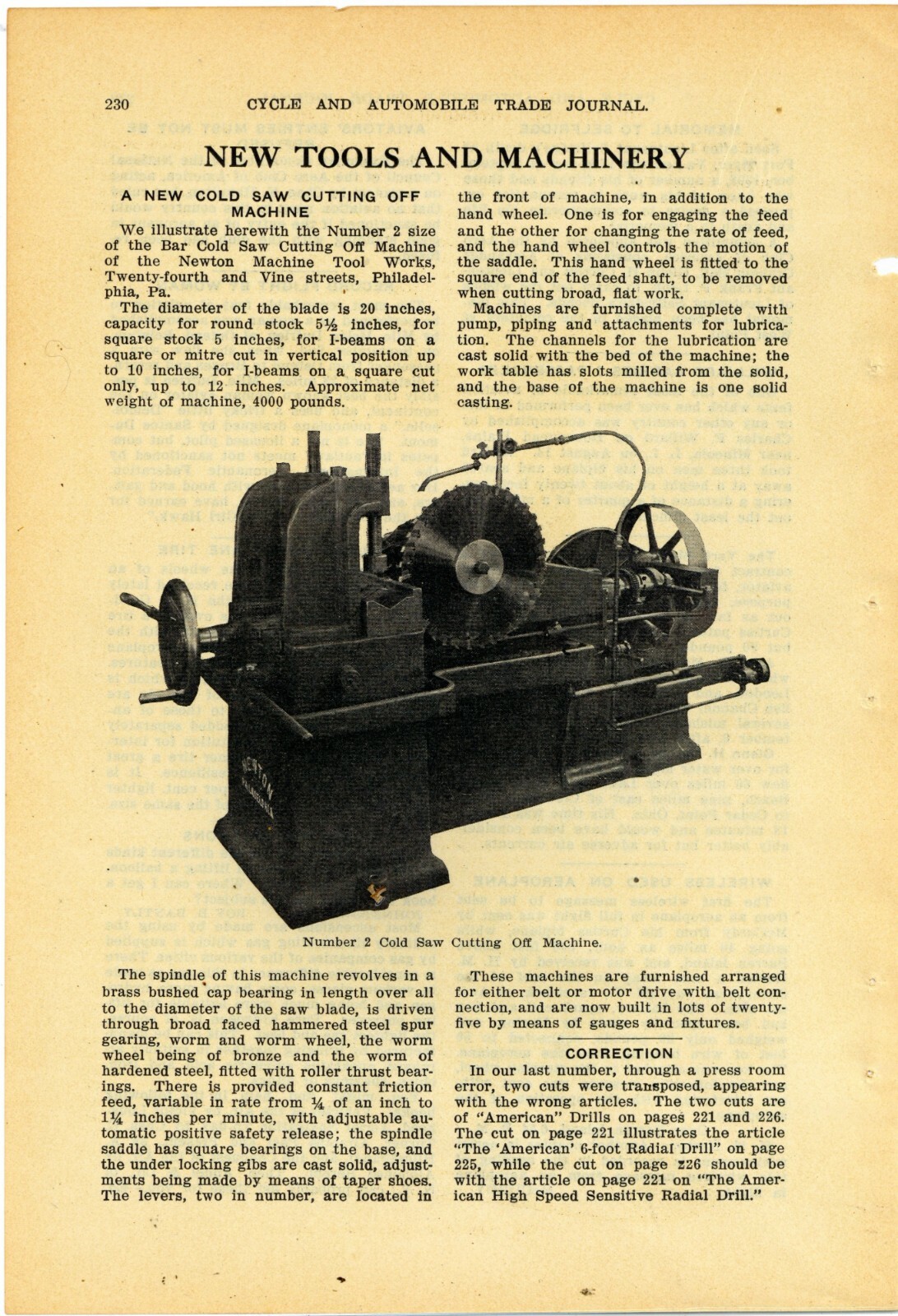1911 Newton Machine Tool Works Article & Pic: Number 2 Cold Saw Cutting ...