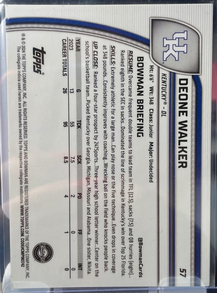 Deone Walker 2025 1st Bowman - #57 Blue Mini Diamond /175 Kentucky ...