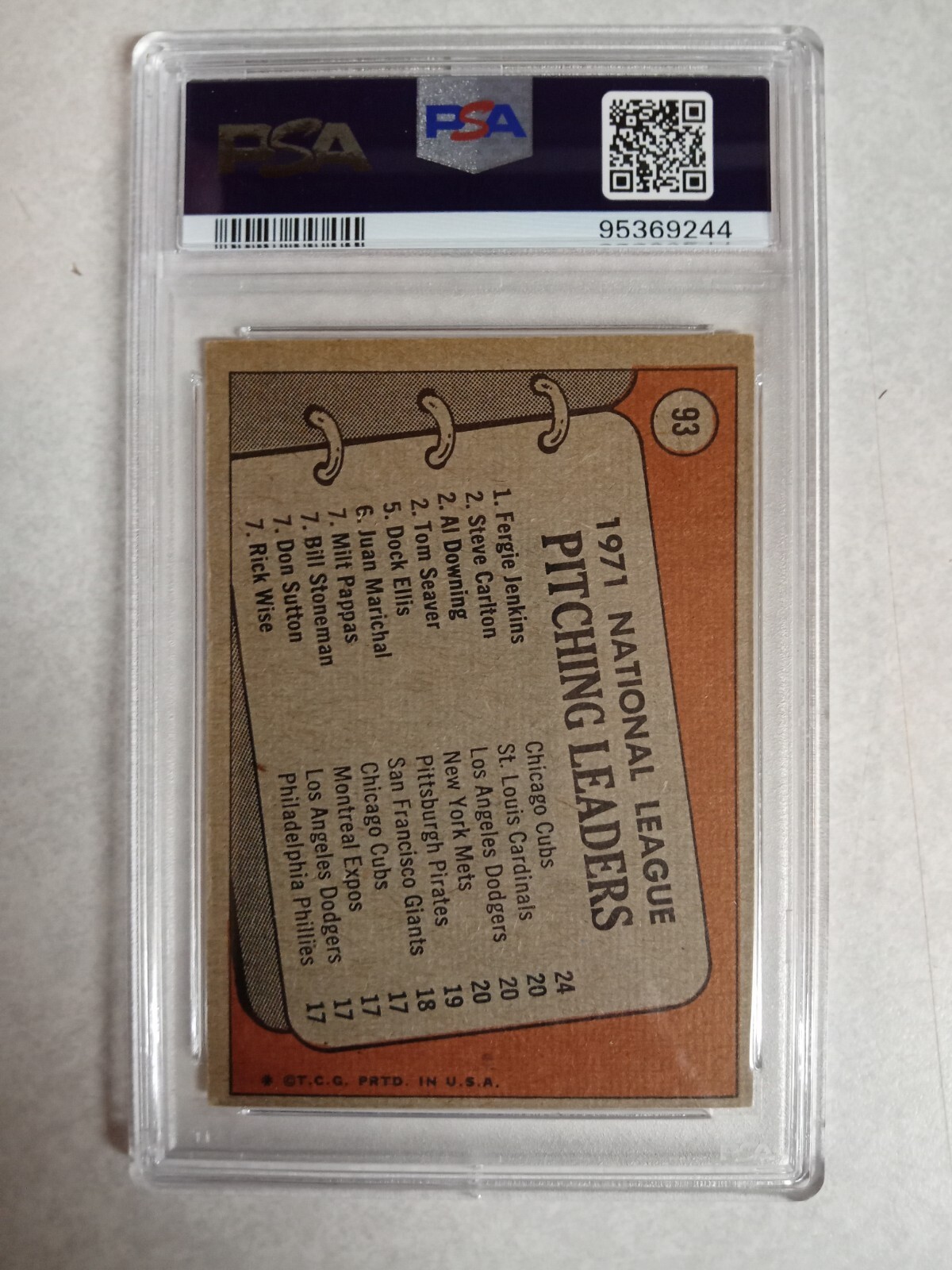 1972 TOPPS #93 LEADERS TOM SEAVER CARLTON JENKINS DOWNING PSA QUAD AUTO ...